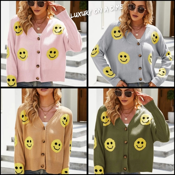 Sweaters | Retro Smiley Face Cropped Classic Knit Button Front Long ...